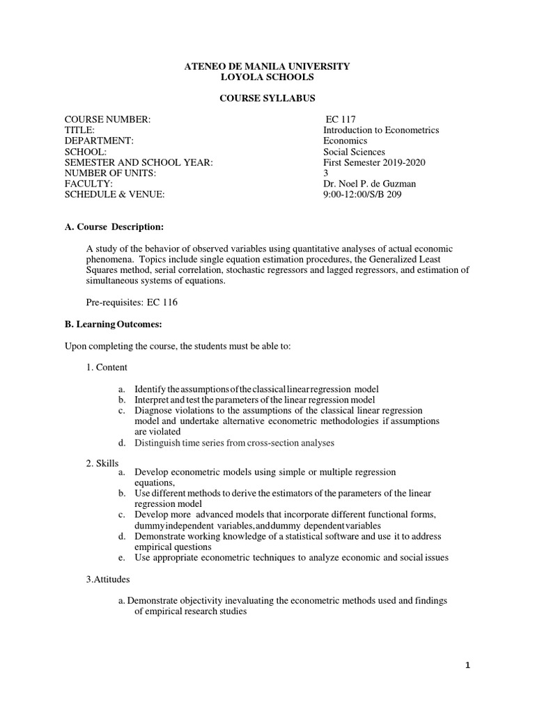 EC 117 Syllabus | PDF | Econometrics | Regression Analysis