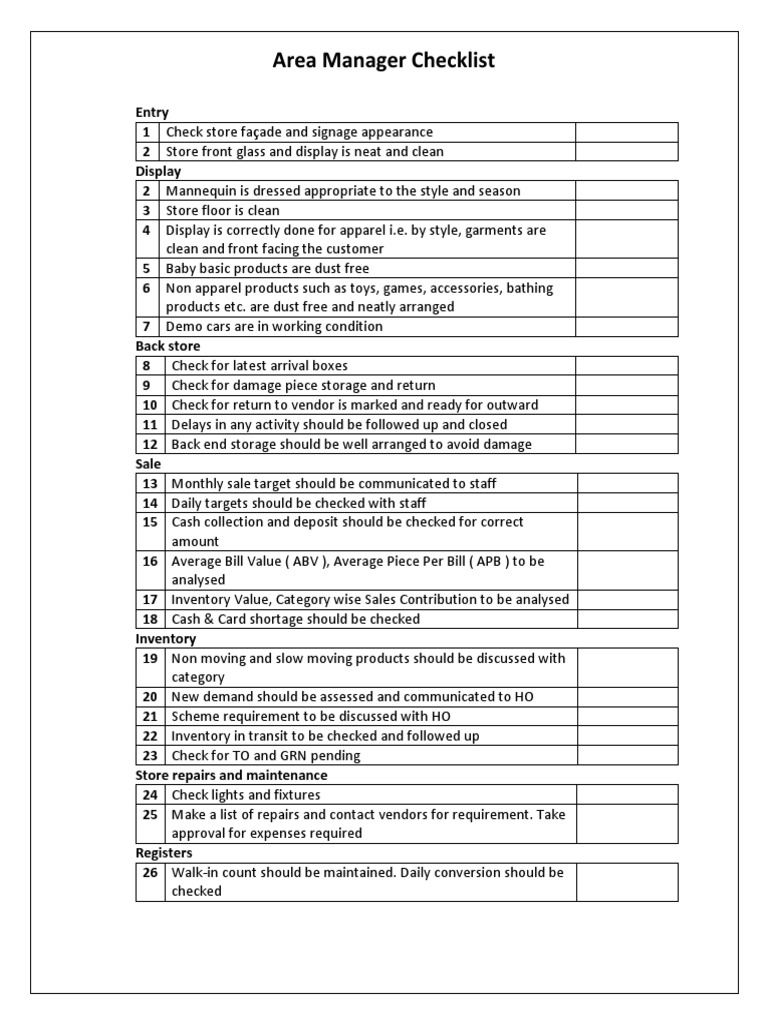 Area Manager Checklist | Download Free PDF | Inventory | Business