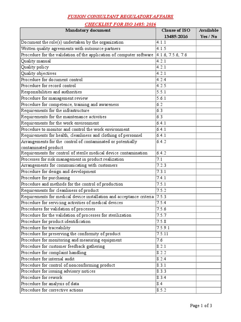 Checklist of Mandatory Documentation Required by Iso 13485 2016 | PDF ...