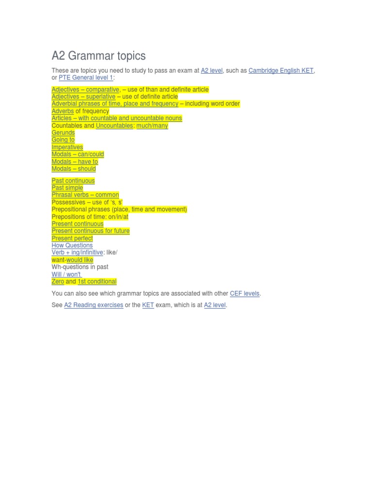 A2 Grammar Topics | PDF