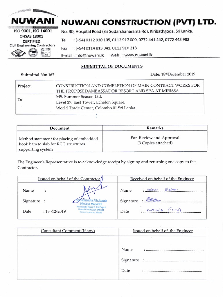Method Statement For Placing of Embedded Hook Bars To Slab For RCC ...