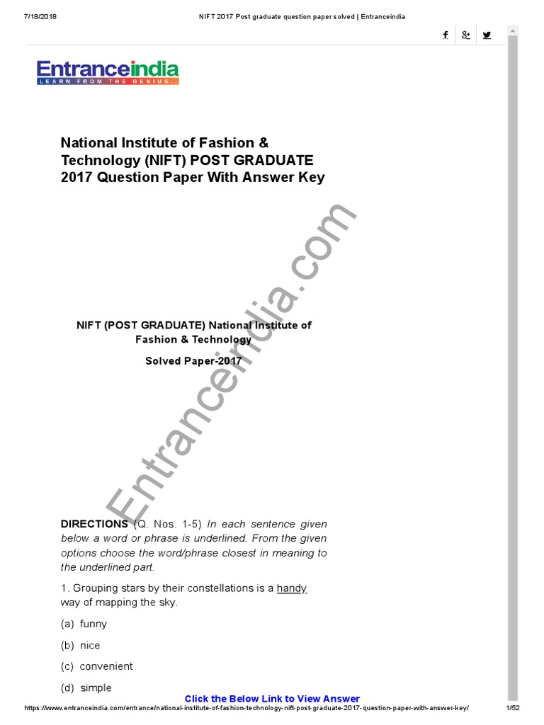 NIFT 2017 Post Graduate Question Paper Solved - Entranceindia PDF | PDF ...