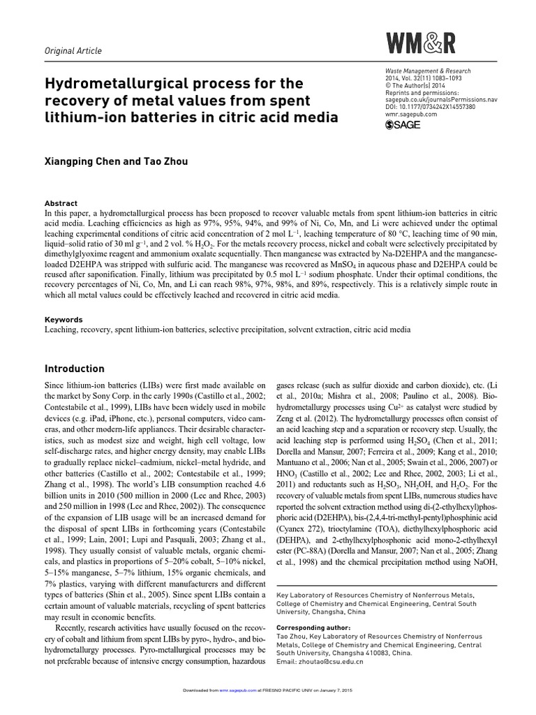 Hydrometallurgical Process For The | PDF | Lithium | Nickel