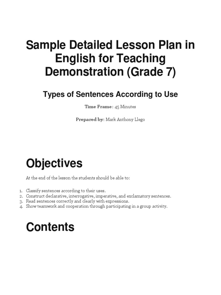 Sample Detailed Lesson Plan in English For Teaching Demonstration | PDF ...