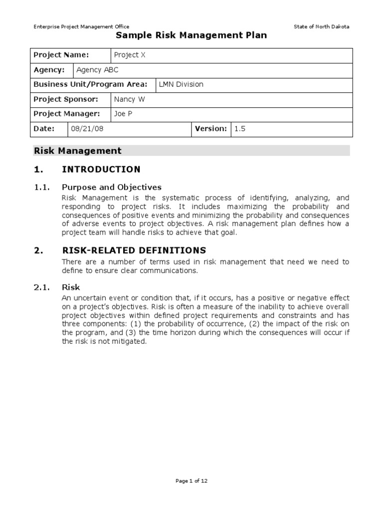 Risk Management Plan Sample | Download Free PDF | Risk Management ...