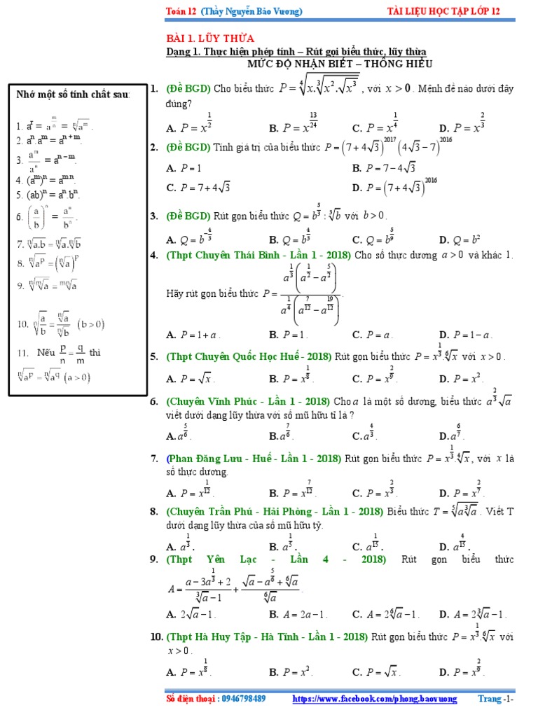 Phan Dang Va Bai Tap Trac Nghiem Luy Thua Mu Va Logarit Co Dap An Nguyen Bao Vuong PDF | PDF