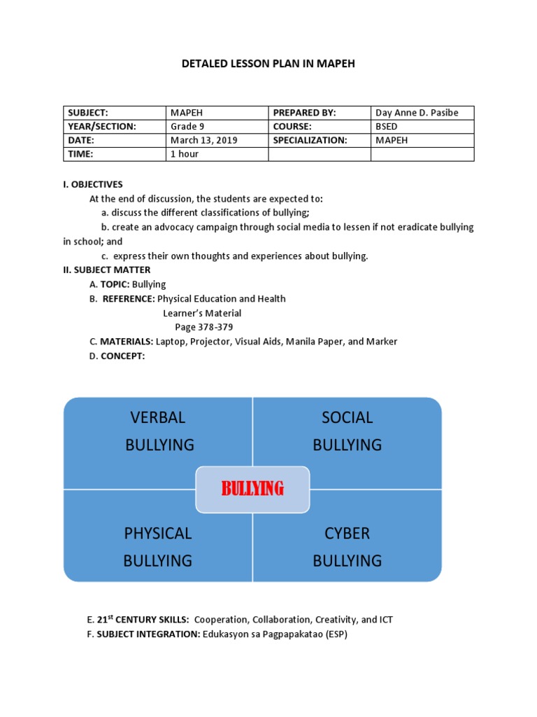 Lesson Plan in Mapeh 9 | PDF | Bullying | Cyberbullying