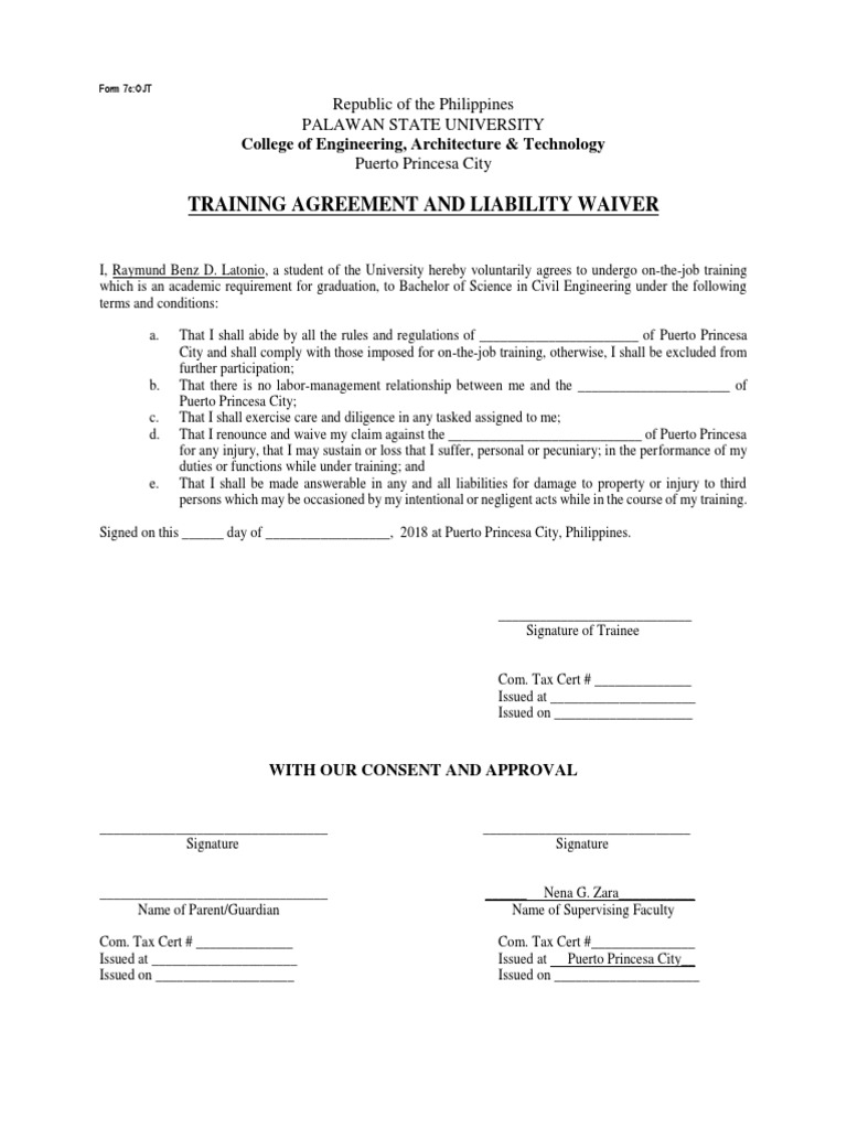 Training Agreement and Liability Waiver | PDF | Private Law ...