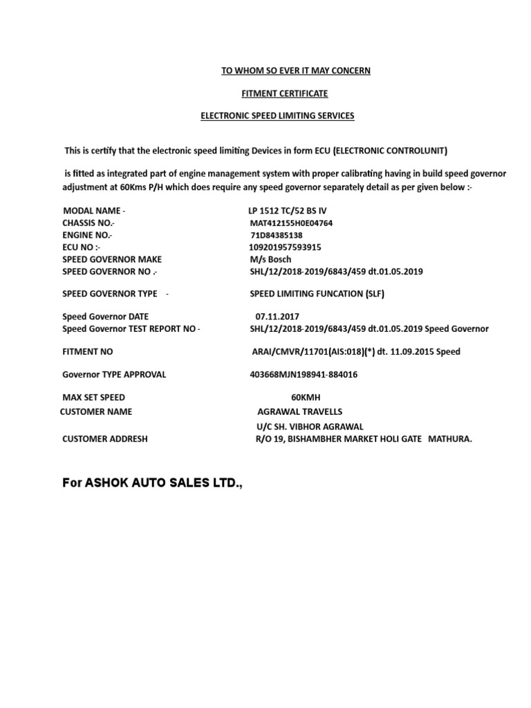 Fitment Certificate for an Electronic Speed Limiting Device Installed ...