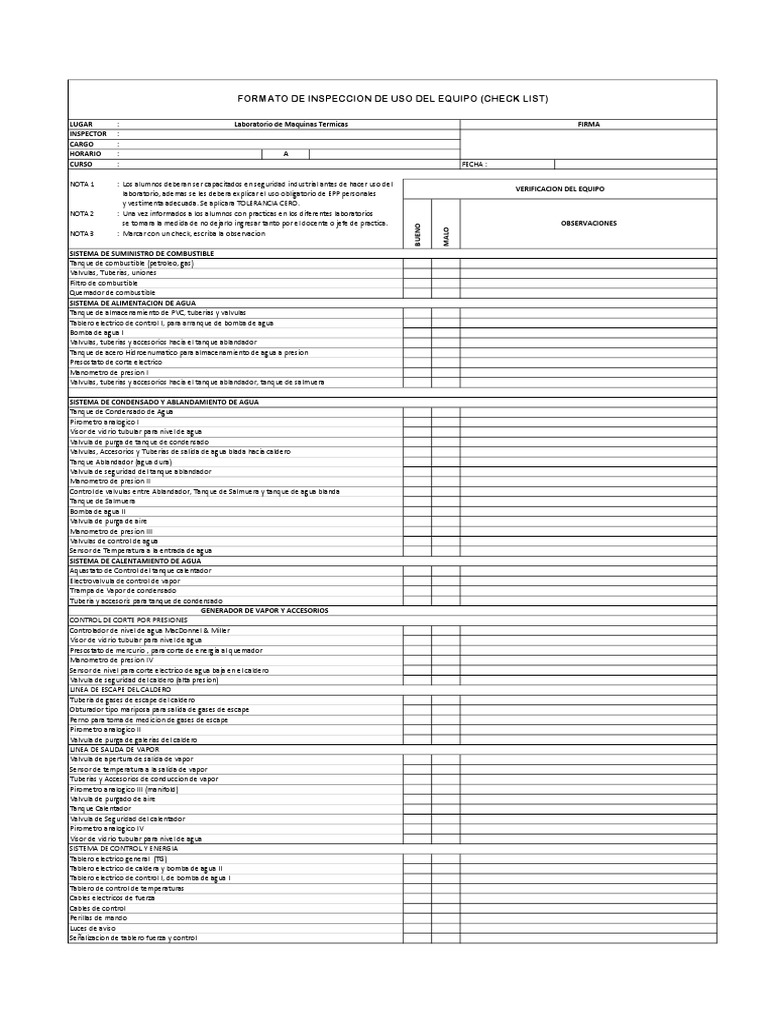 Checklist Caldera | PDF | Tanques | Tubería (transporte de fluidos)