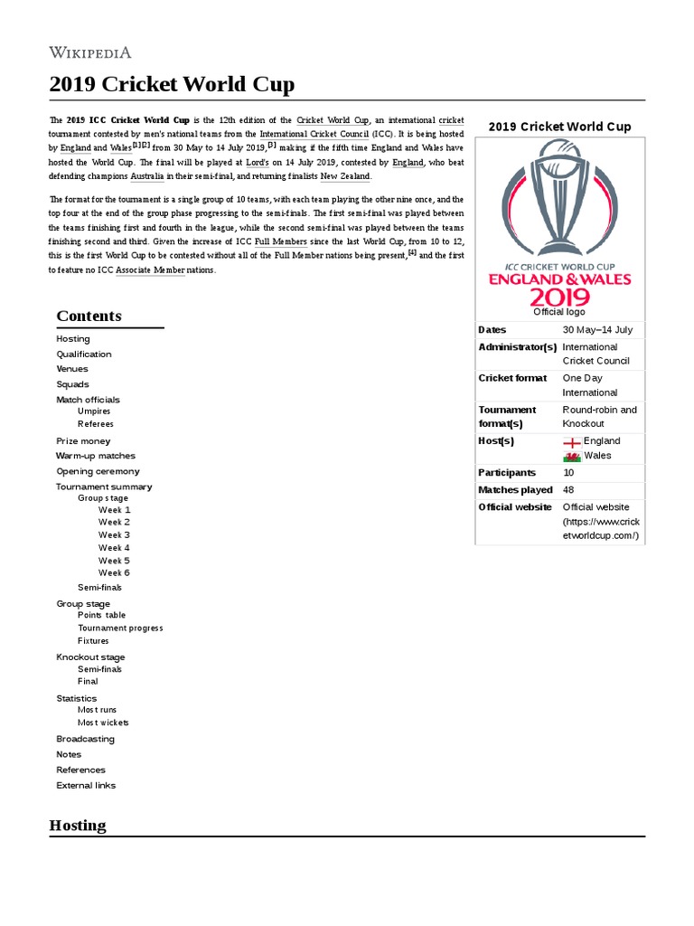 2019 - Cricket - World - Cup Project | PDF | England Cricket Team | One ...