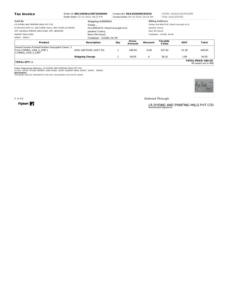 Tax Invoice for Saree Purchase | PDF | Government Finances | Taxes