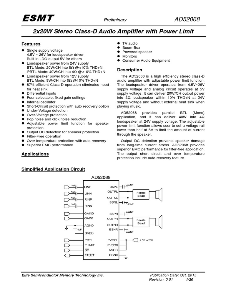 AD52068 Ampli 2x20w 7.5v | PDF | Loudspeaker | Audio Engineering