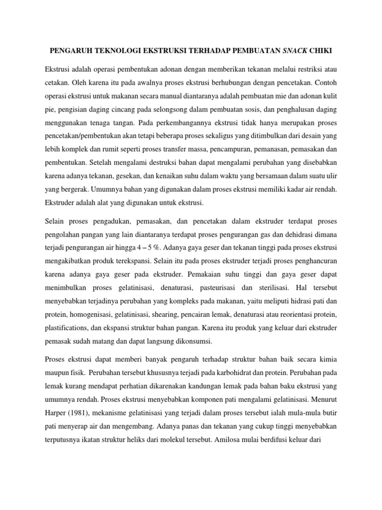 Pengaruh Teknologi Ekstruksi Terhadap Pembuatan Snack Chiki | PDF