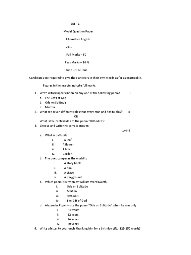 Class 12 Alternative English Model Paper | PDF | Poetry
