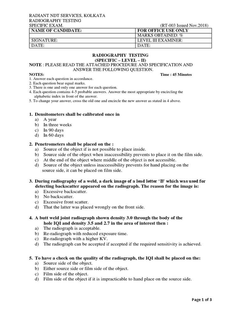 RT Specific Exam | PDF | Radiography | Nondestructive Testing