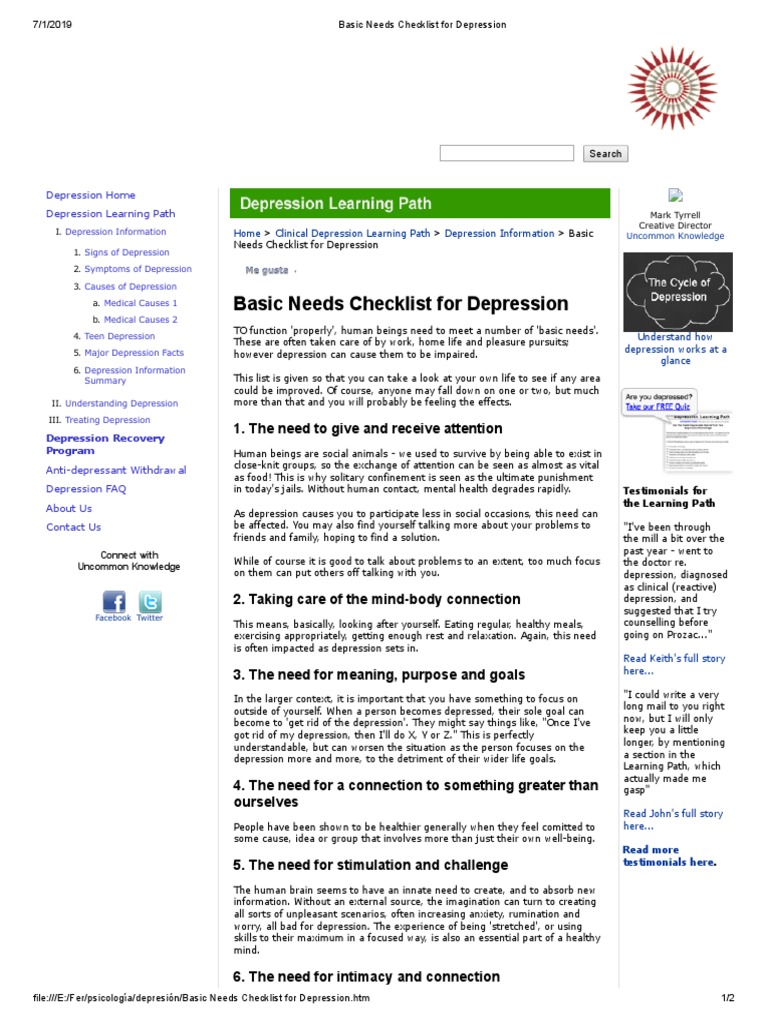 Basic Needs Checklist For Depression | PDF | Major Depressive Disorder ...