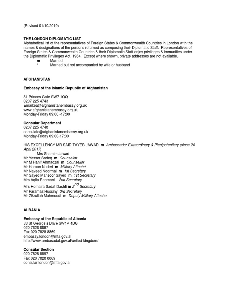 London Diplomatic List - October 2019 | PDF | Diplomatic Rank | Consul ...