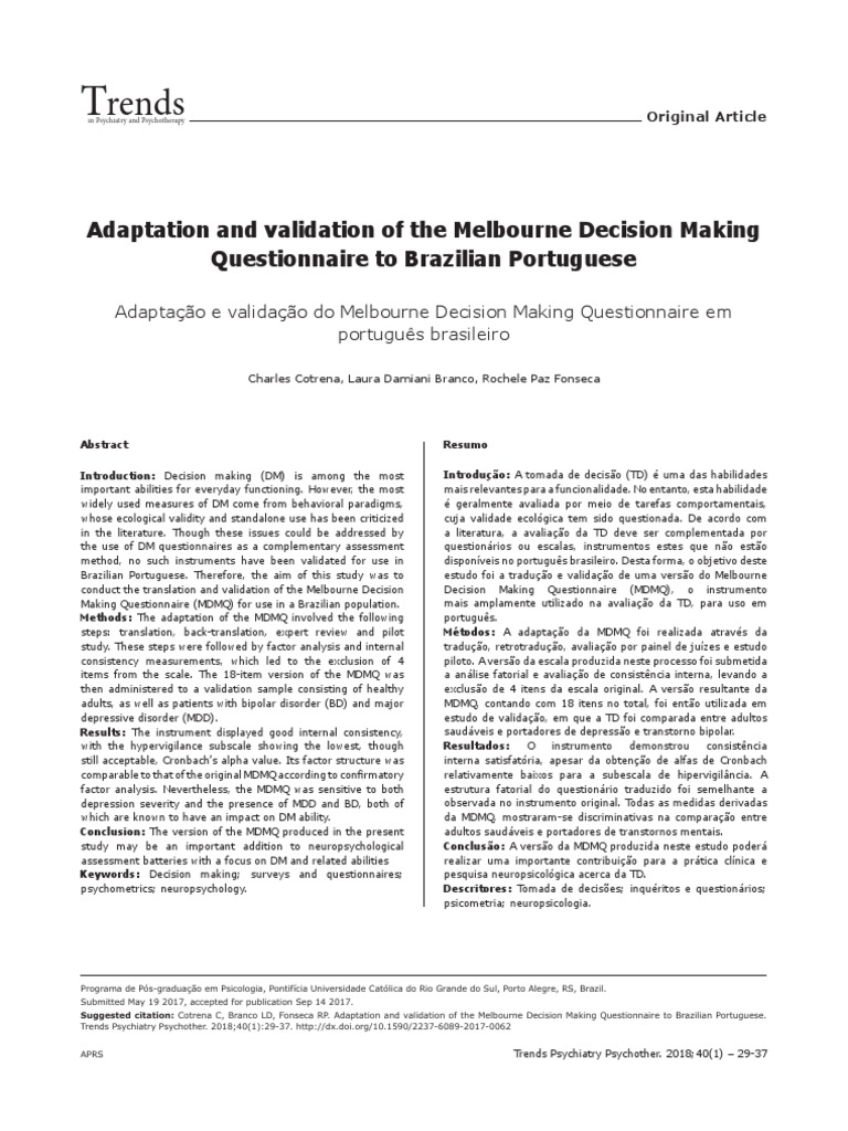 Melbourne Decision Making Questionnaire | PDF | Análise | Ciências ...