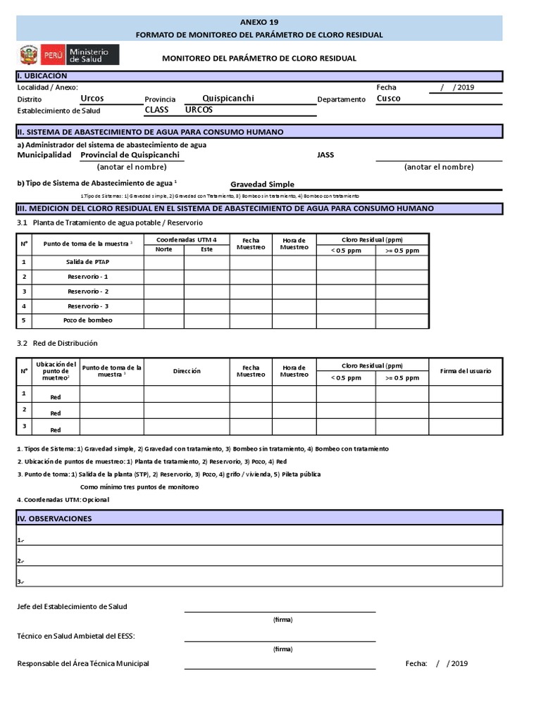 9 Formato Monitoreo Cloro Residual | PDF | Red de abastecimiento de agua | Agua potable