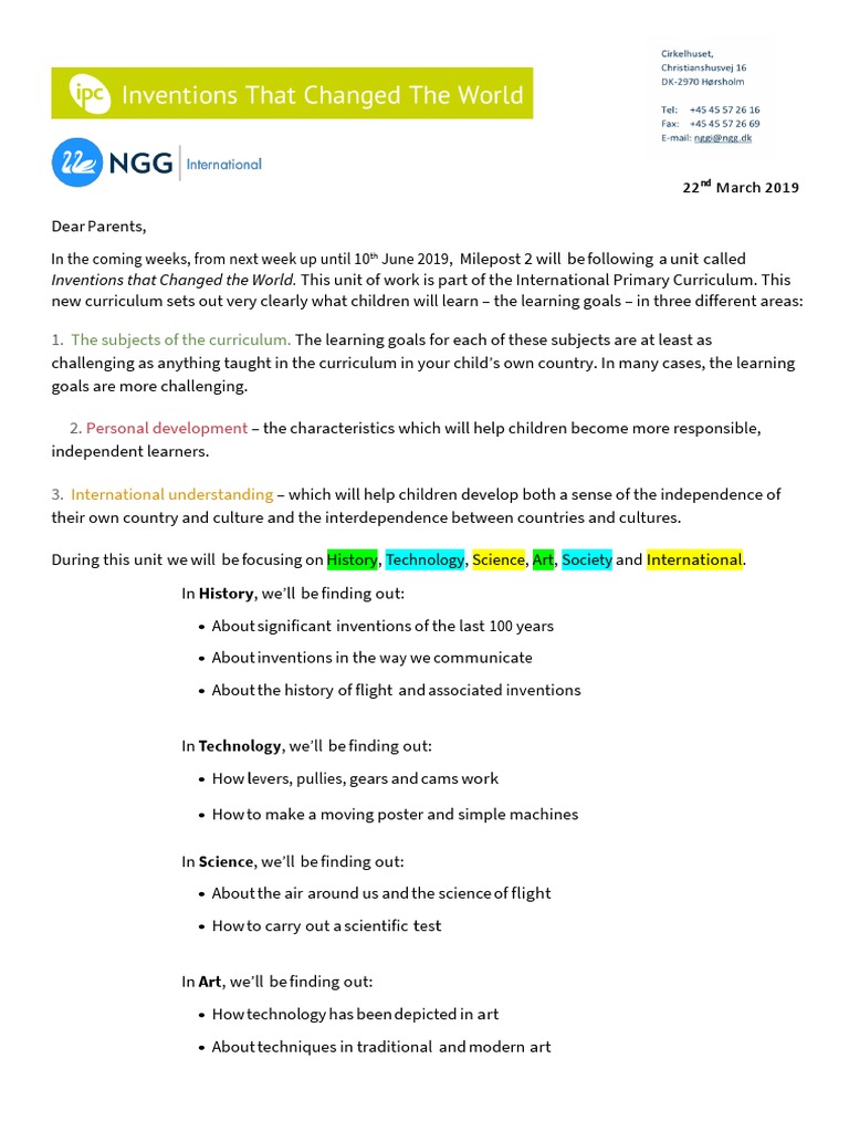 Inventions Unit Letter PDF | PDF | Curriculum | Science