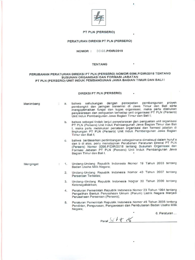 0068.P.2019 TTG Perubahan Perdir No. 0096.P.2019 TTG Susunan Org Dan FJ UIP JBTB I | PDF