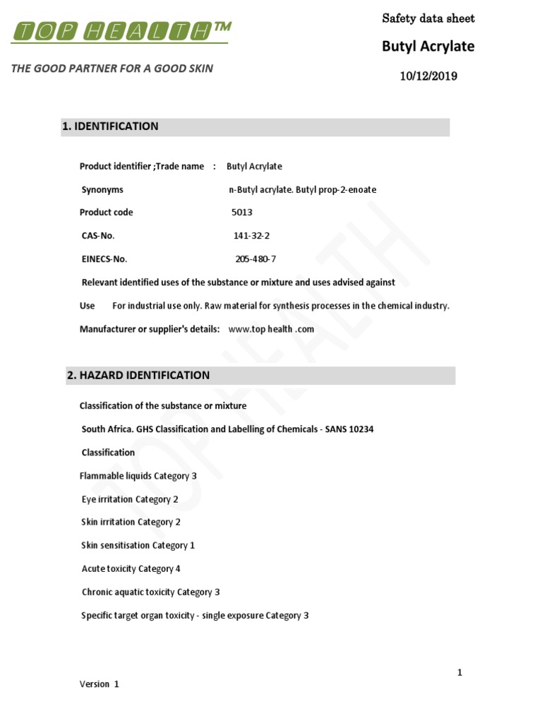 TOPHEALTH SUNOF+ Butyl Acrylate - Msds | PDF | Toxicity | Chemistry