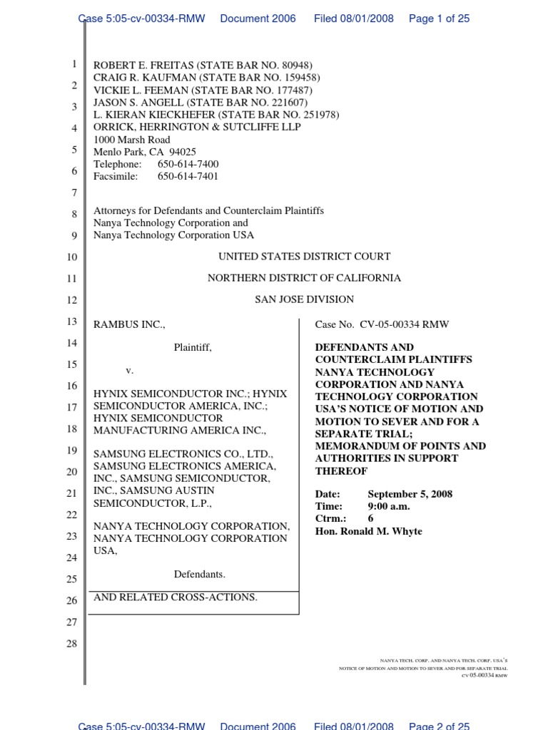 Nanya Tech Corp and Nanya Tech Corp USA S Notice of Motion and Motion ...