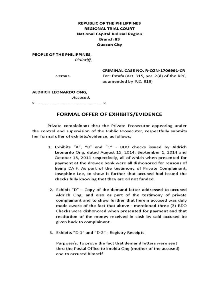 Josephine Lee - Formal Offer of Exhibit Evidence | PDF | Prosecutor ...