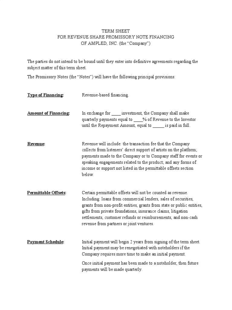Revenue-Based Financing Term Sheet | PDF | Promissory Note | Loans
