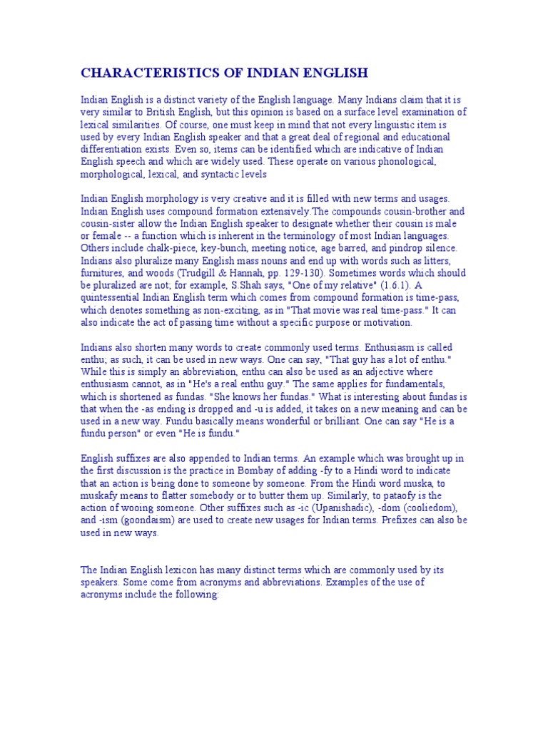 Unique Features of Indian English | PDF | Morphology (Linguistics ...
