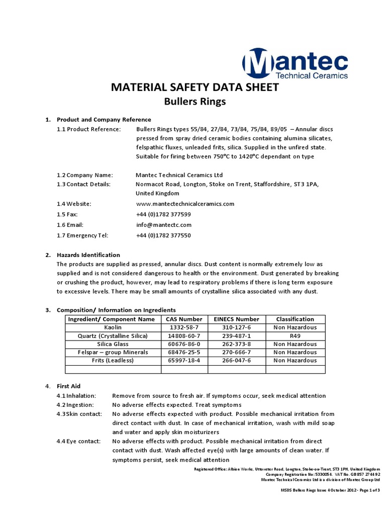 Bullers Rings Msds Issue 4 October 2012 | PDF | Silicon Dioxide | Dust