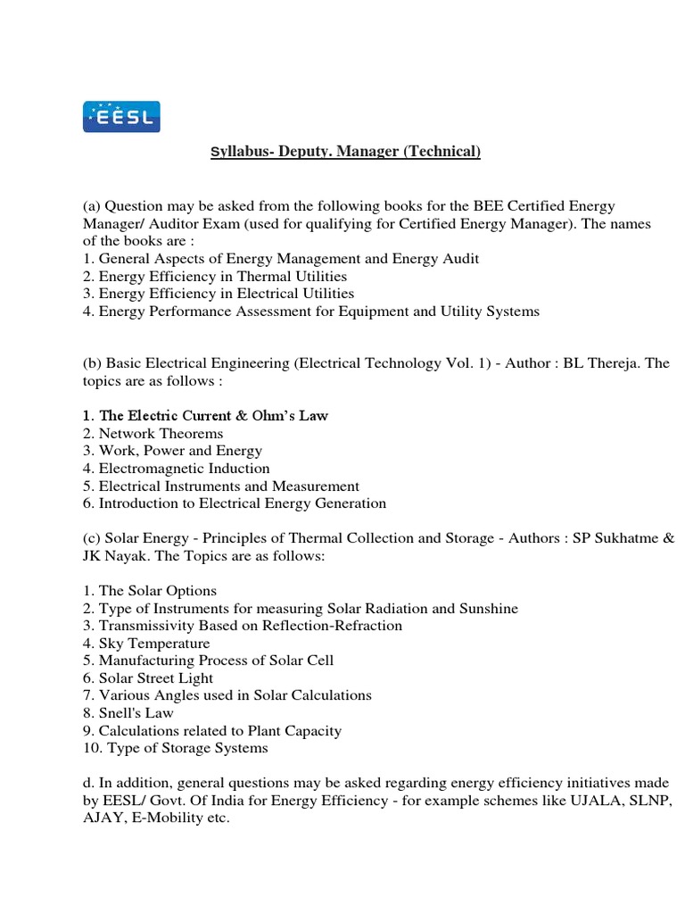 Eesl Syllabus-Technical Positions PDF | PDF | Solar Energy | Electrical Engineering