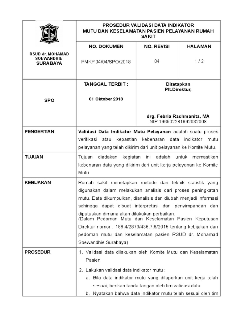Prosedur Validasi Data Indikator Mutu Pelayanan Rumah Sakit | PDF