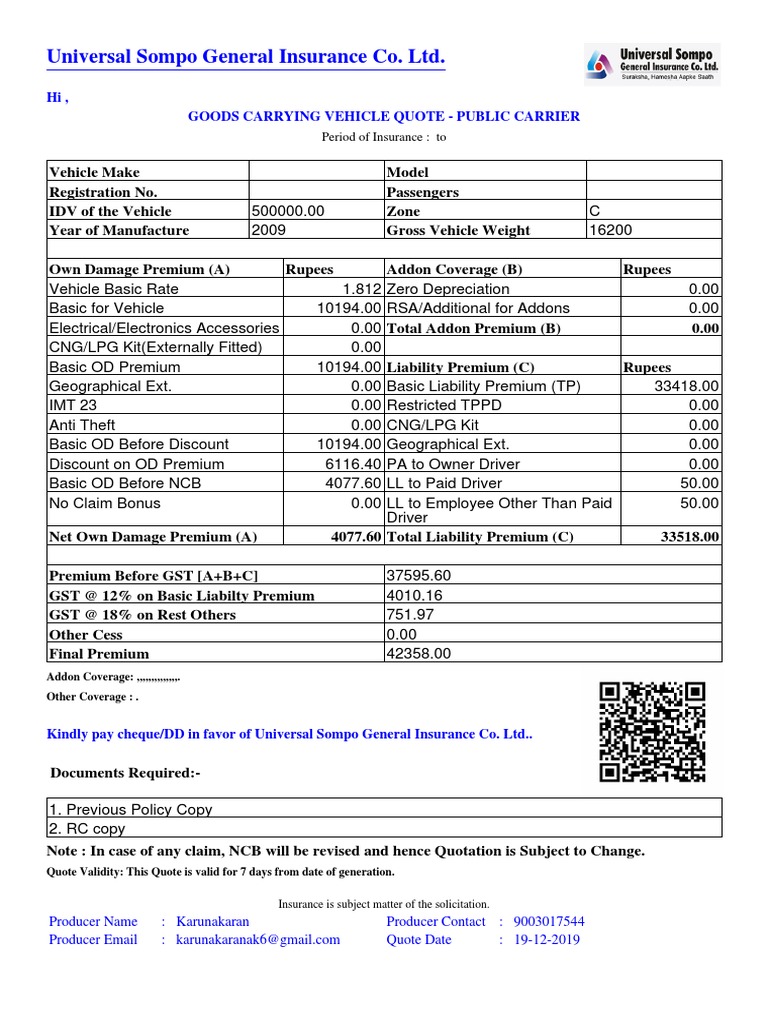 Universal Sompo General Insurance Co. Ltd. Public Carrier Vehicle Quote ...