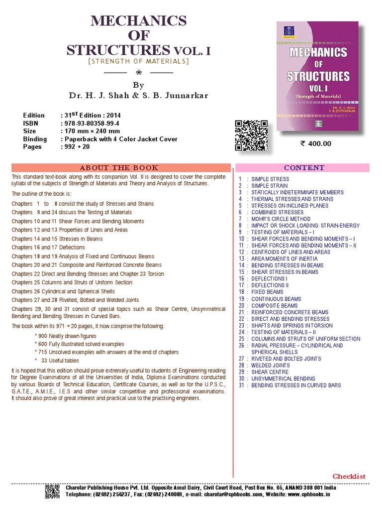 Mechanics of Structures Vol I by DR H J Shah Junarkar | PDF | Beam ...