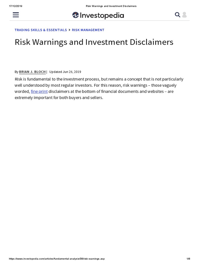 Risk Warnings and Investment Disclaimers PDF | PDF | Investing | Risk