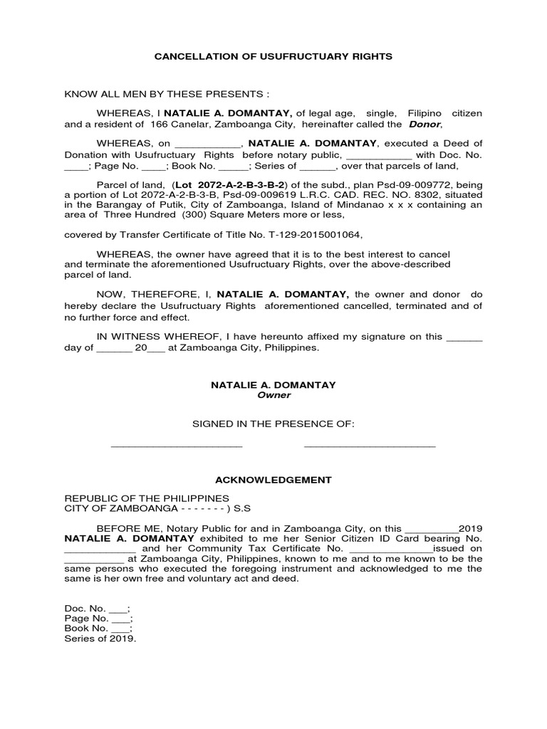Cancellation of Usufructuary Rights-Domantay | PDF | Law