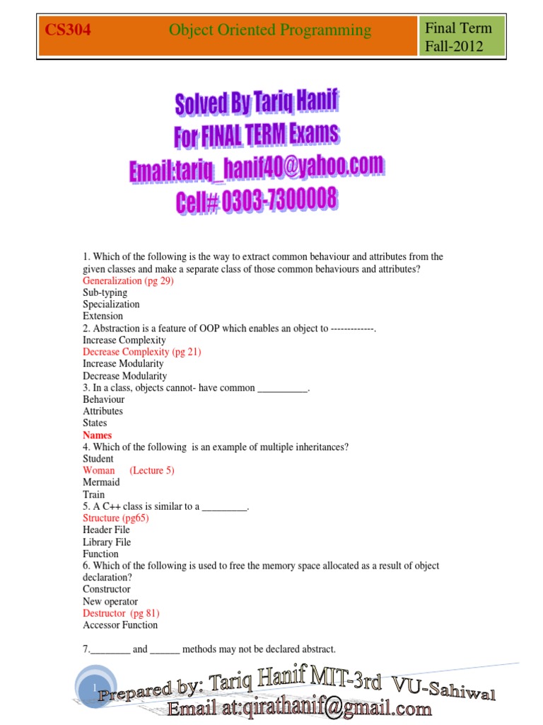 CS304 Final Term MCQs by Dr. Tariq Hanif | PDF | Method (Computer Programming) | Class (Computer ...
