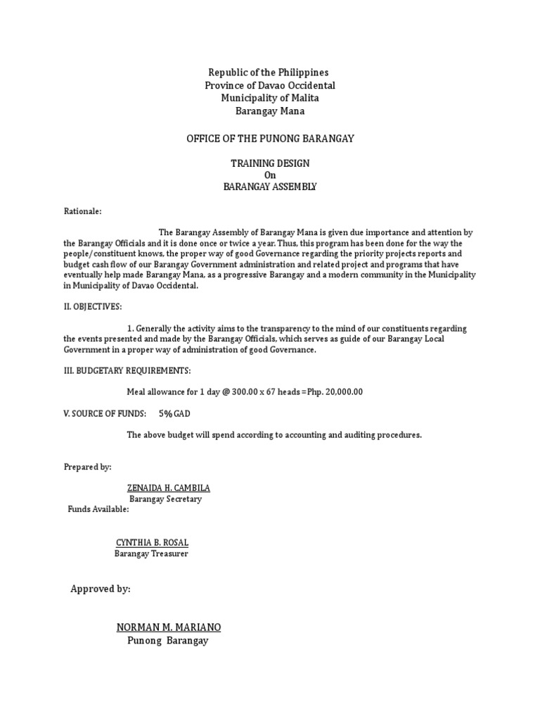 Project Design Barangay Assembly | PDF | Business | Finance & Money ...
