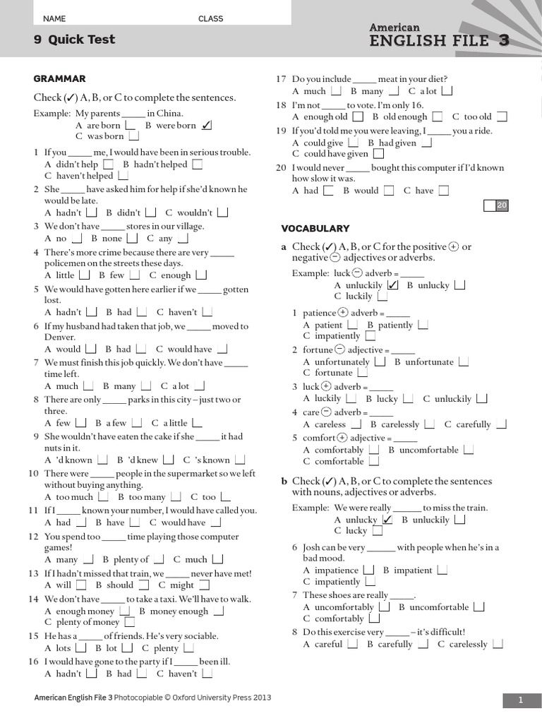 Aef3 File9 Quicktest Pdf Adverb Adjective