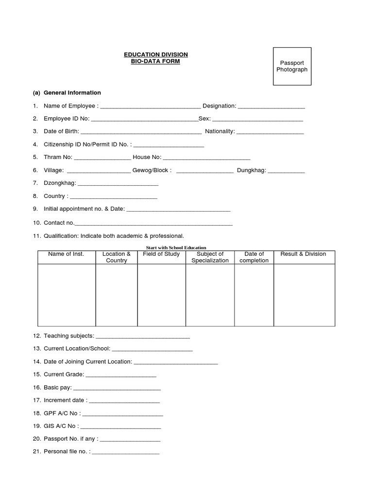 Education Division Bio-Data Form422176620191220 | PDF | International ...