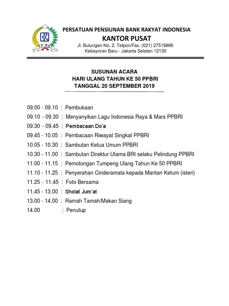 Susunan Acara Hut Ppbri Ke 50 | PDF