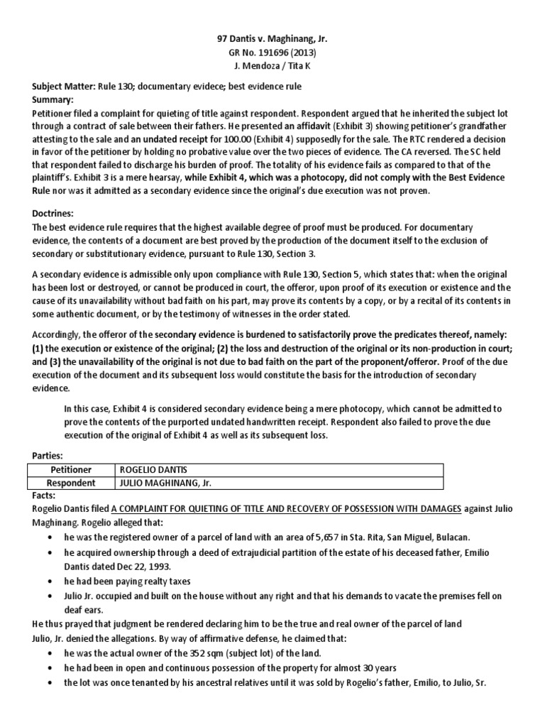 Dantis v. Maghinang, Jr. Case Summary | PDF | Evidence | Affidavit