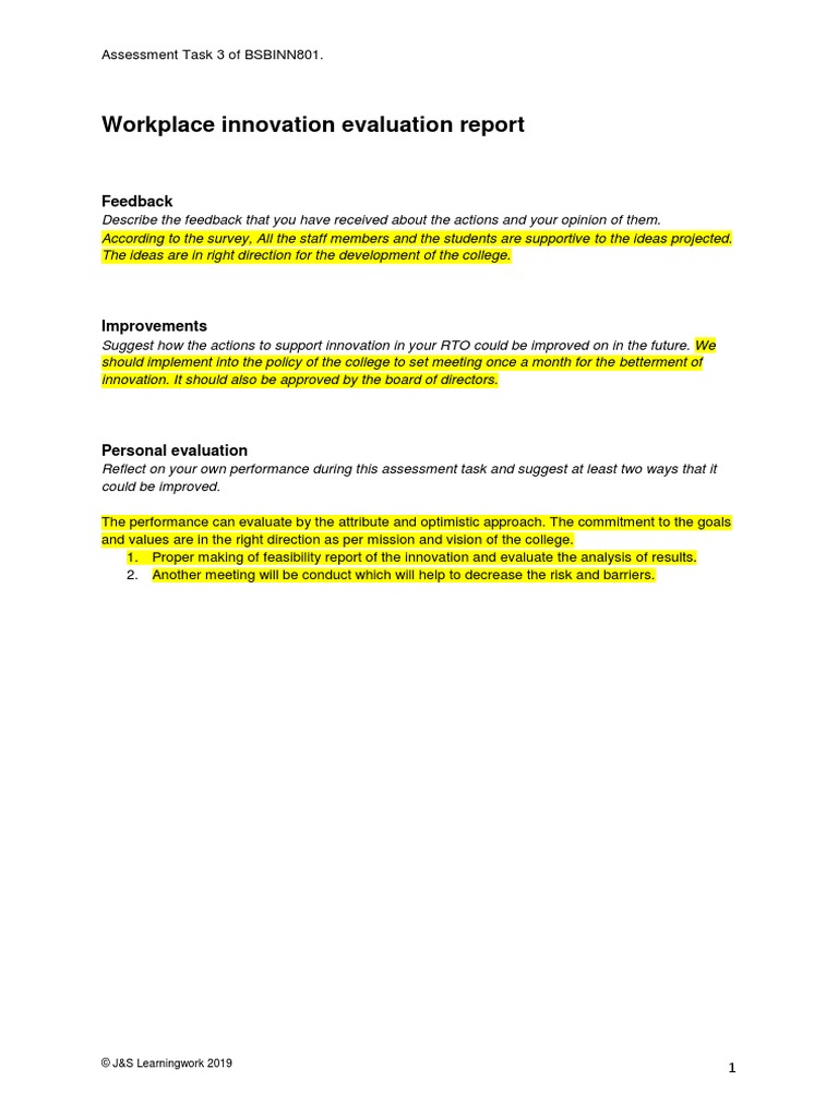 Workplace Innovation Evaluation Report Template - Docx Completed | PDF
