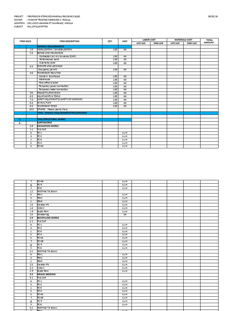 Bill of Quantities Format | PDF | Pipe (Fluid Conveyance) | Plumbing