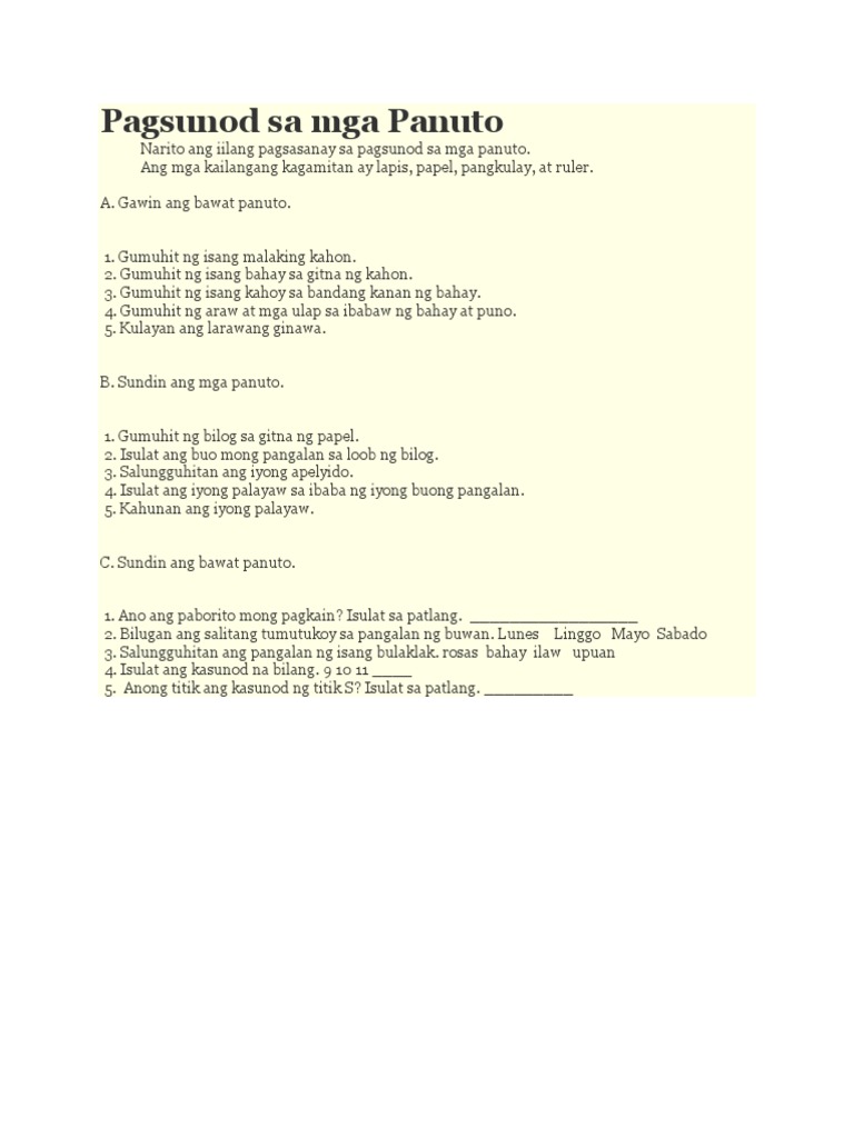 Pagsunod Sa Mga Panuto Aktibiti | PDF