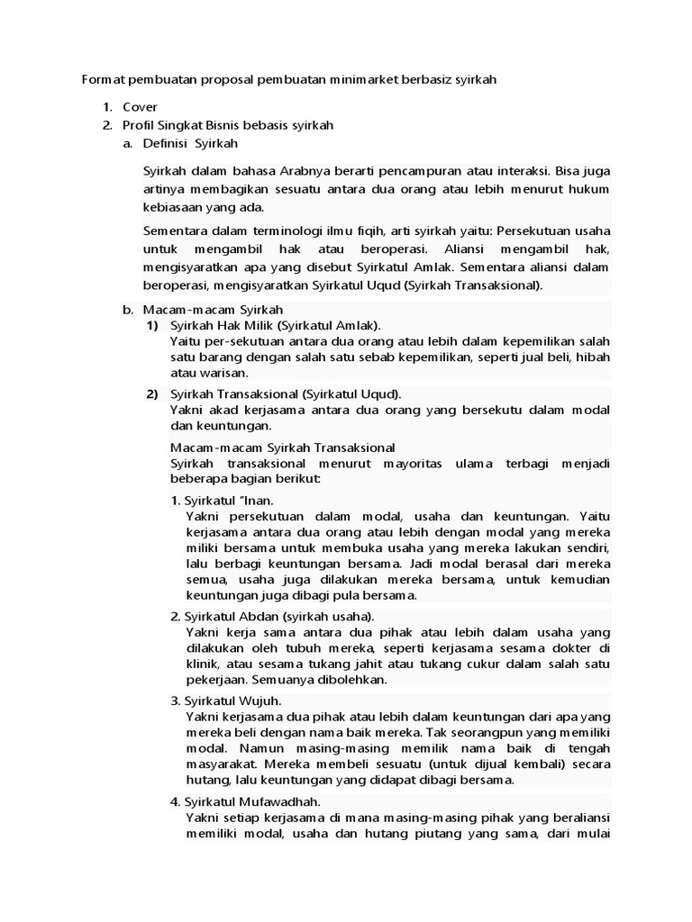 Format Pembuatan Proposal Pembuatan Minimarket Berbasiz Syirkah | PDF