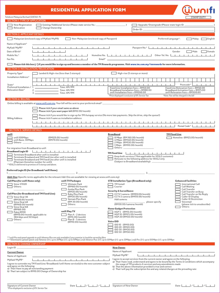 Unifi Home Form | PDF | Telecommunications | Business