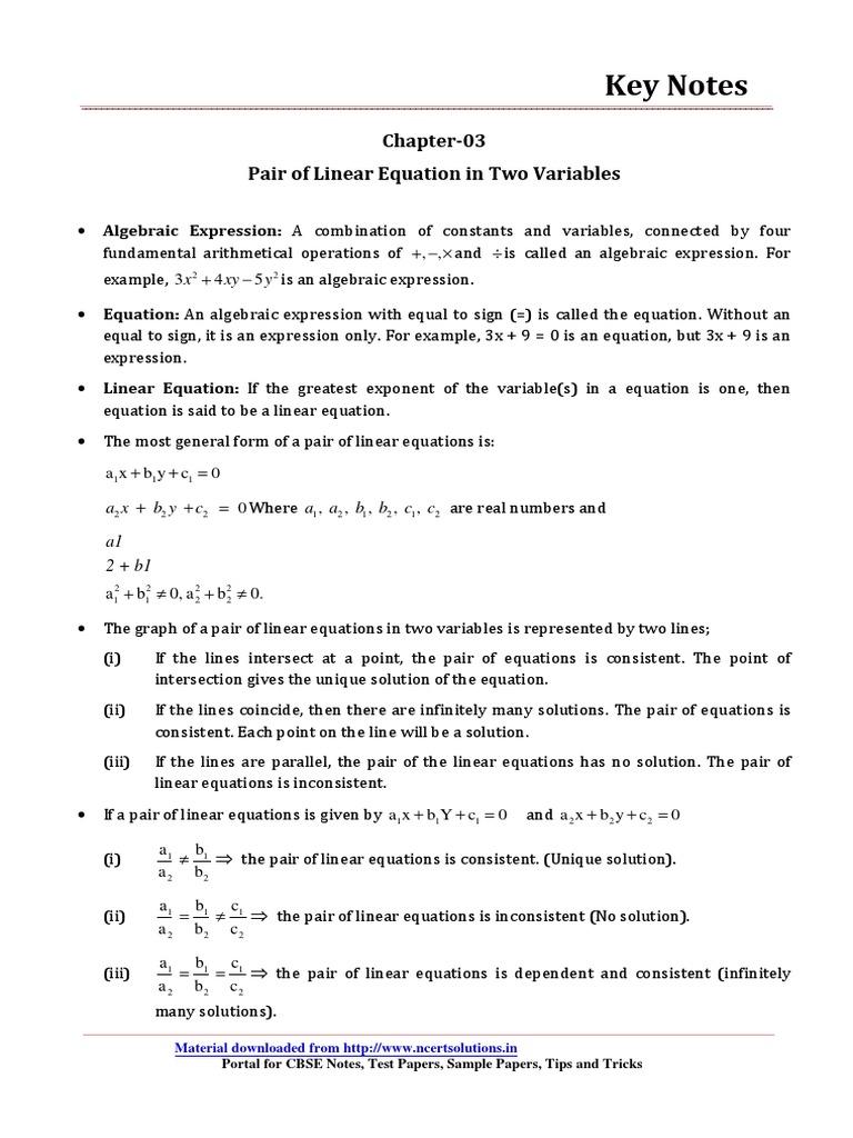 10 Maths Key Notes CH 03 Pair of Linear Equation in Two Variables | PDF ...